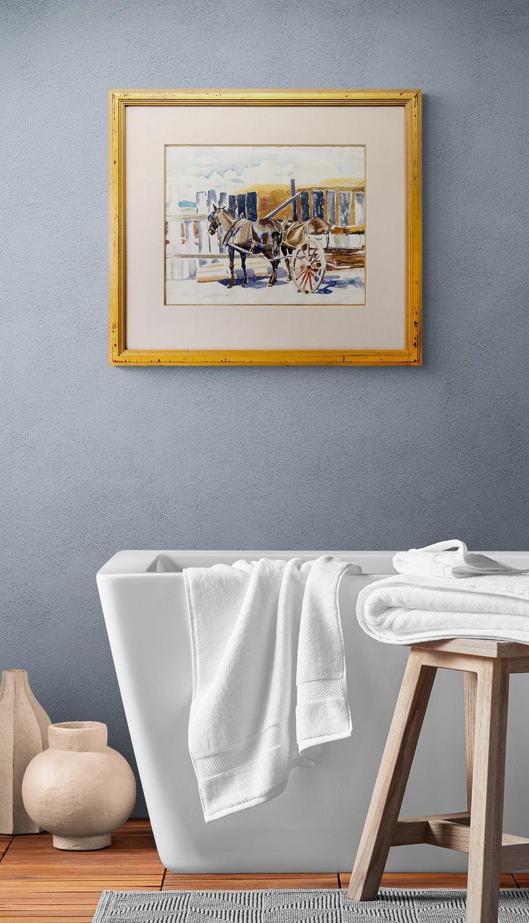 Alfred Wands - Watercolor Painting, Horses, Carriage, Buildings in Blue ...