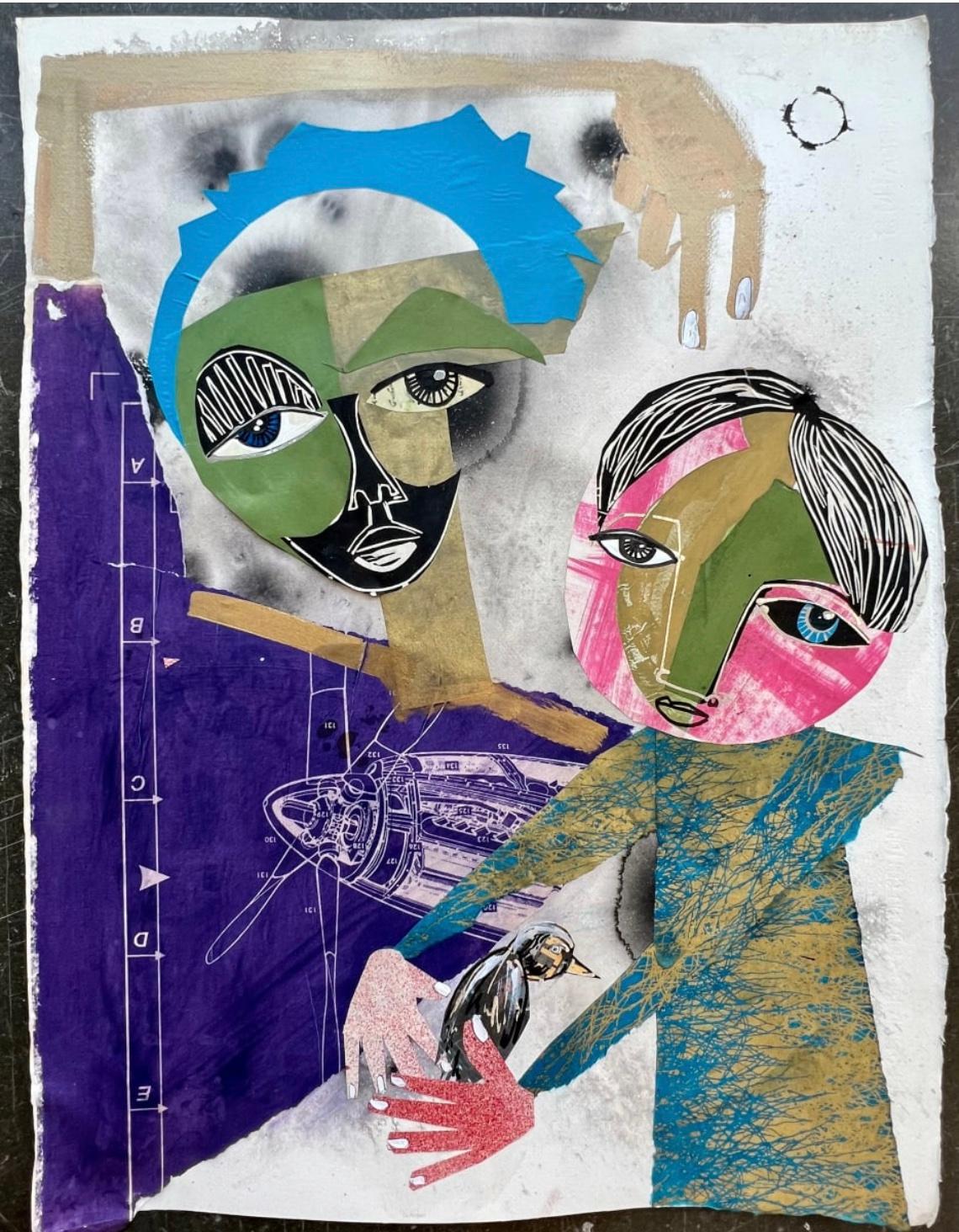 Alice Mizrachi - The Kiss, collage on paper of a couple kissing by ...