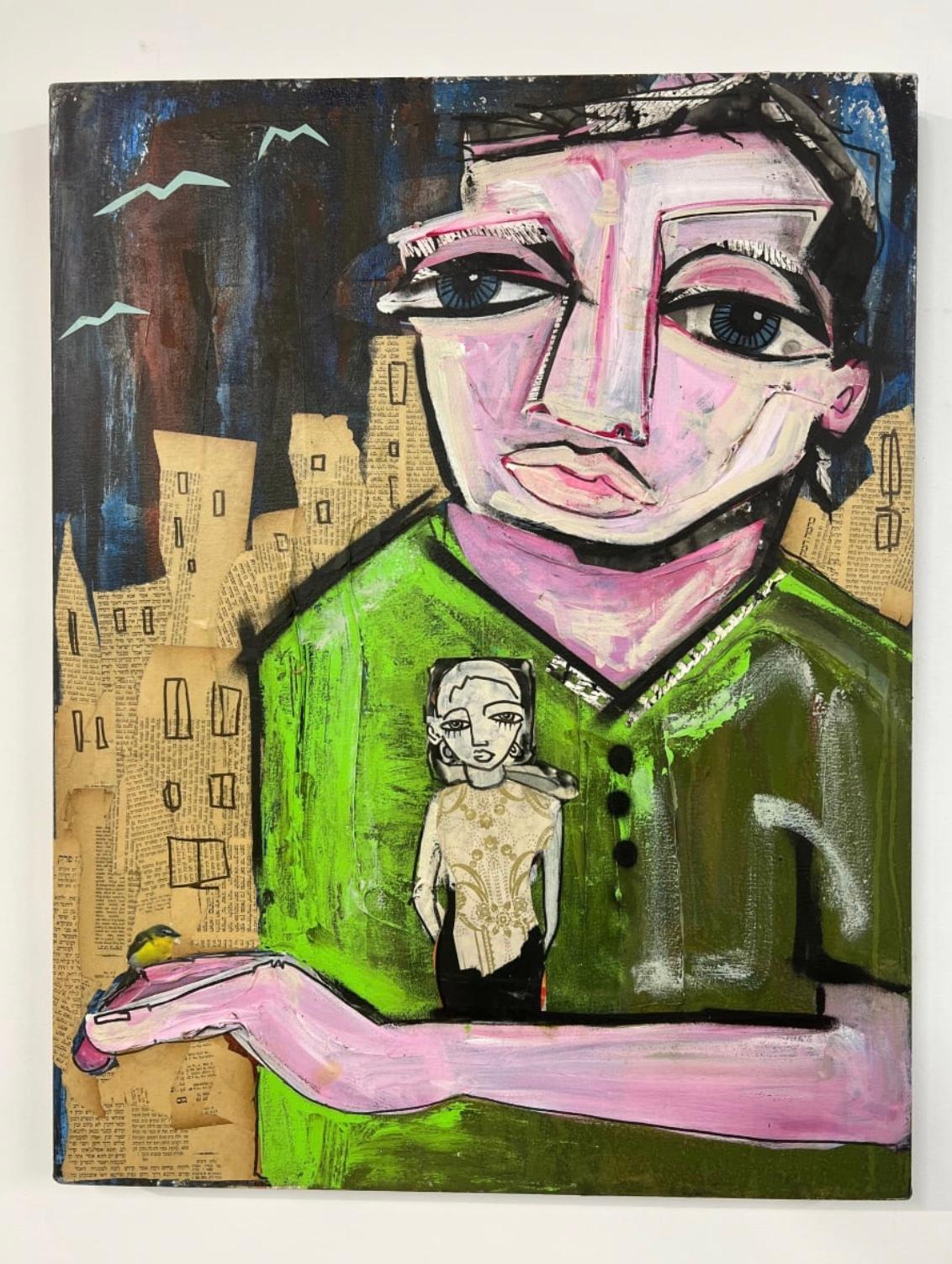 Alice Mizrachi - Urban Fairytale, collage on canvas of man holding ...