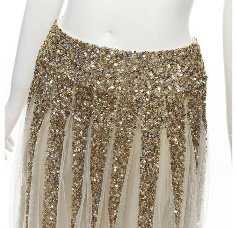 ALICE OLIVIA gold bling sequins sheer nude panel midi skirt US0 XS For ...
