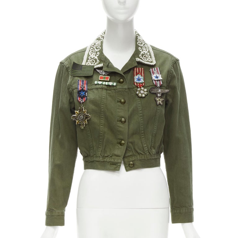 ALICE OLIVIA green denim military crystal embroidery badge cropped ...