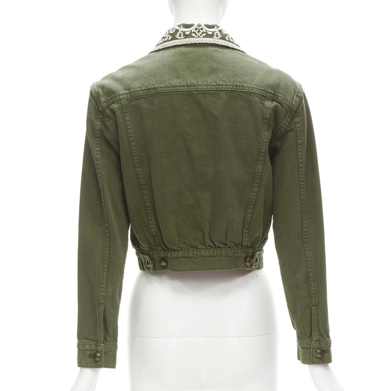 ALICE OLIVIA green denim military crystal embroidery badge cropped ...