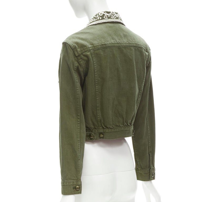 ALICE OLIVIA green denim military crystal embroidery badge cropped ...