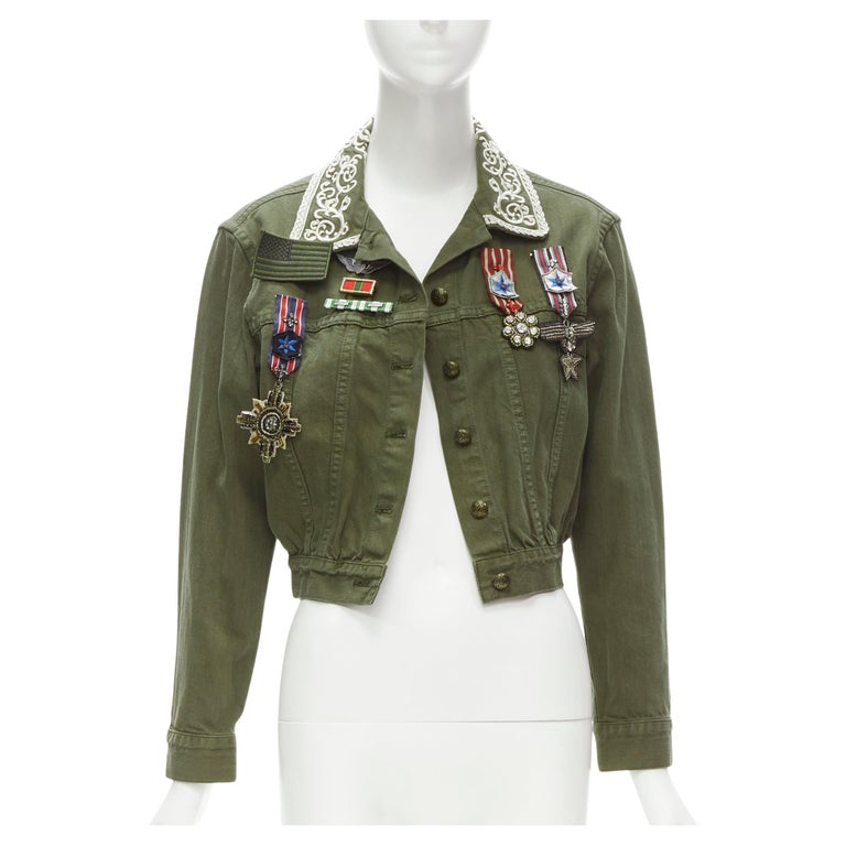 ALICE OLIVIA green denim military crystal embroidery badge cropped ...