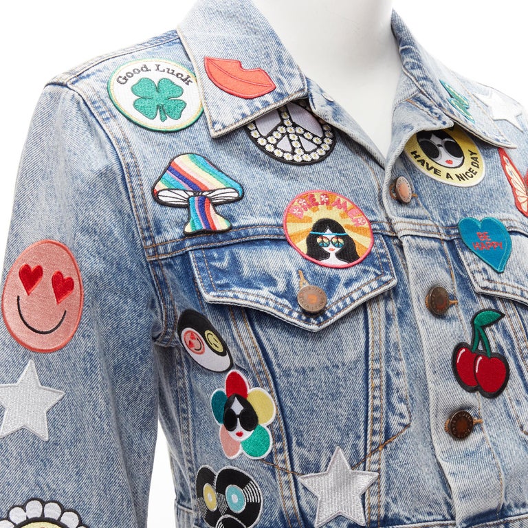 ALICE OLIVIA JEANS Chloe blue denim badge cropped jacket mini skirt set XS at 1stDibs