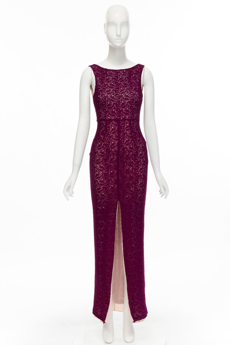 ALICE OLIVIA purple lace nude lining front slit formal dress US0 For ...