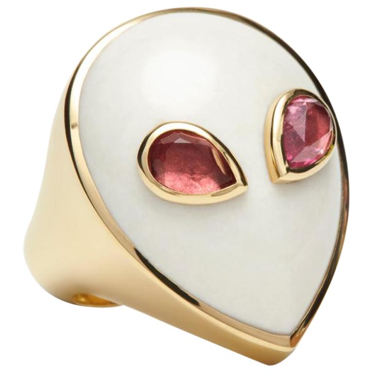 Alien Ring, 18 Karat Yellow Gold White Agate and Pink Tourmaline ...