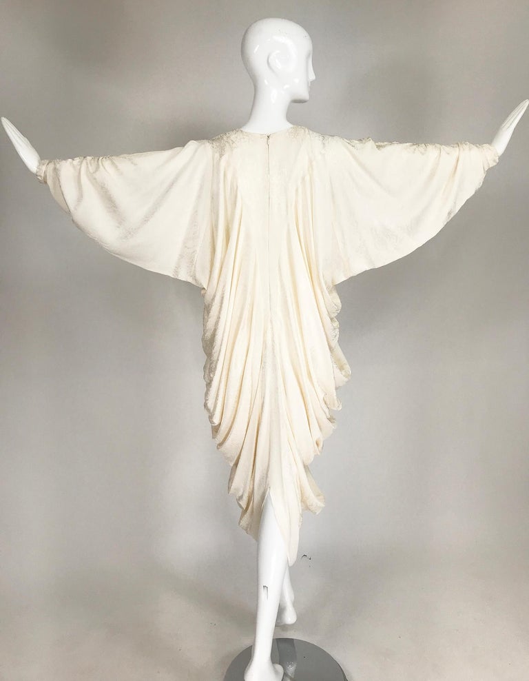 Alik Singer Cream Silk Jacquard Satin Bias Draped Bat Wing Dress 1980s ...