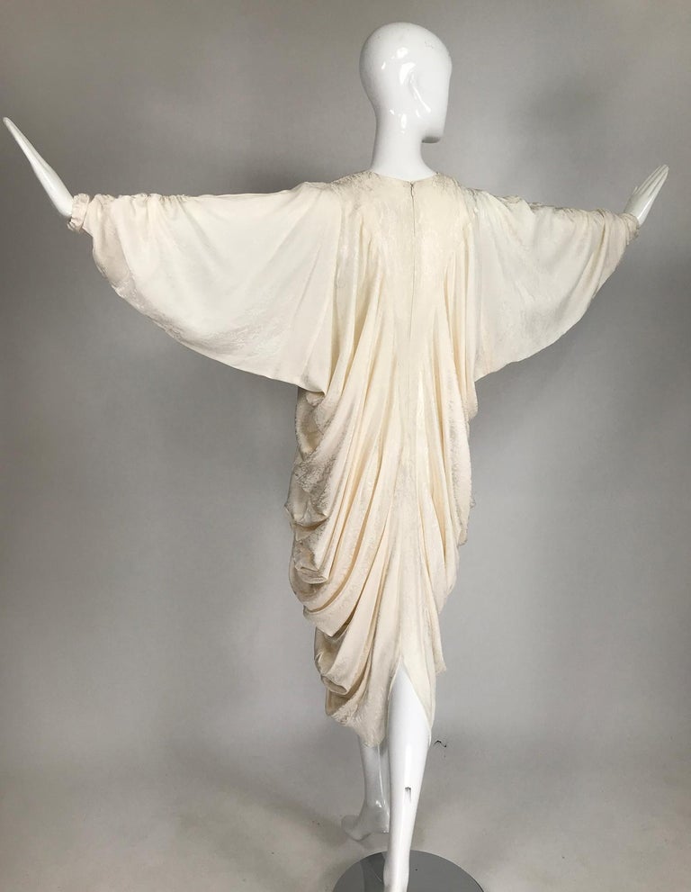 Alik Singer Cream Silk Jacquard Satin Bias Draped Bat Wing Dress 1980s ...