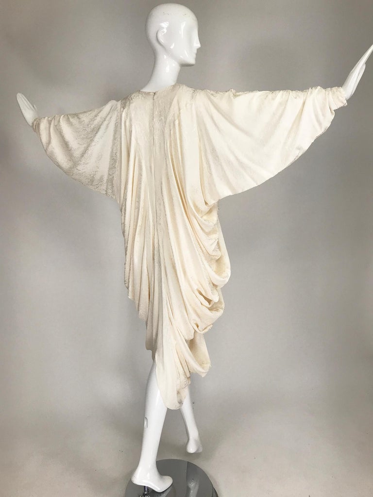 Alik Singer Cream Silk Jacquard Satin Bias Draped Bat Wing Dress 1980s ...