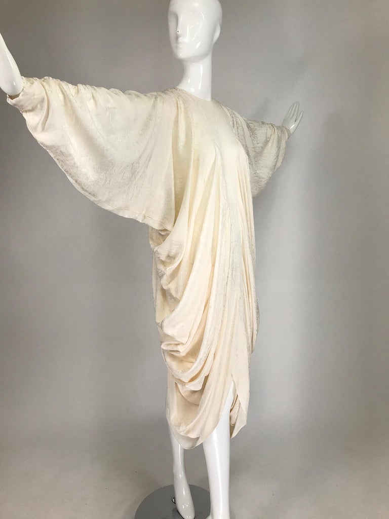 Alik Singer Cream Silk Jacquard Satin Bias Draped Bat Wing Dress 1980s ...