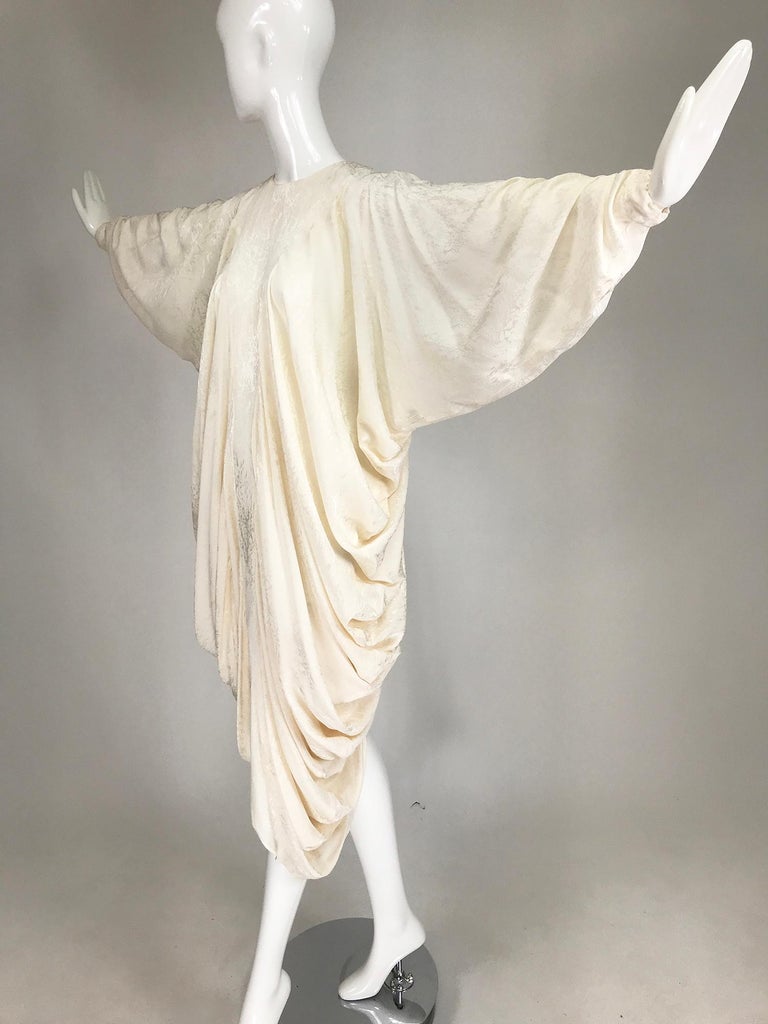 Alik Singer Cream Silk Jacquard Satin Bias Draped Bat Wing Dress 1980s ...