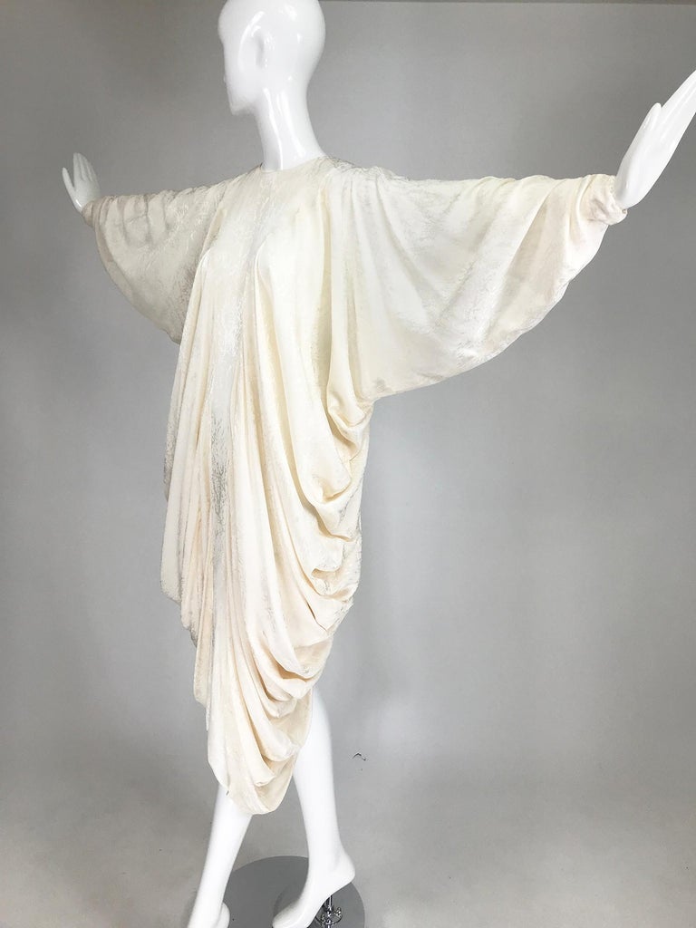 Alik Singer Cream Silk Jacquard Satin Bias Draped Bat Wing Dress 1980s ...