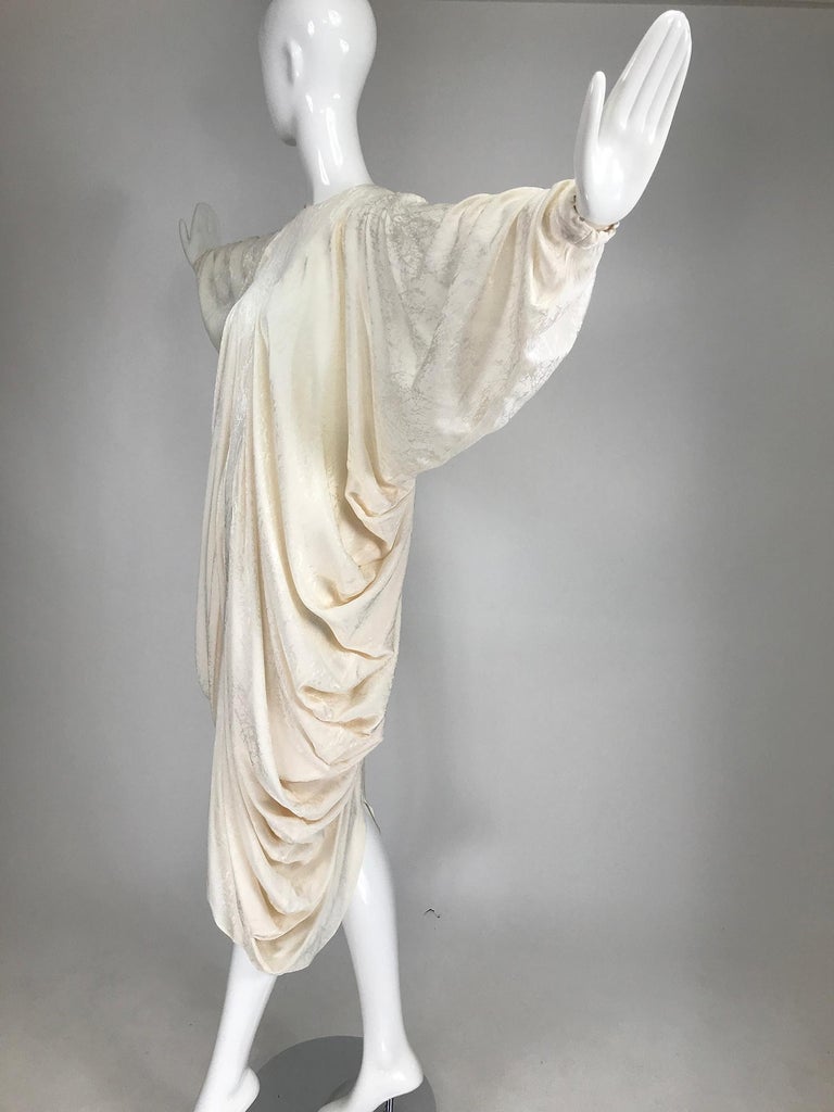 Alik Singer Cream Silk Jacquard Satin Bias Draped Bat Wing Dress 1980s ...