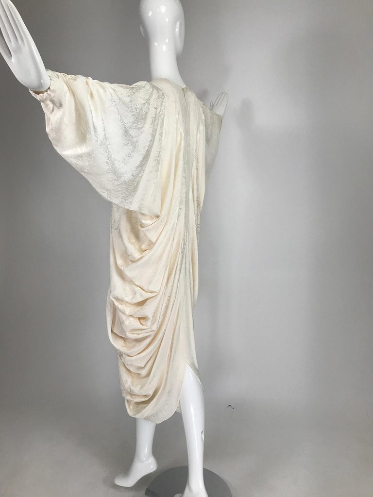 Alik Singer Cream Silk Jacquard Satin Bias Draped Bat Wing Dress 1980s ...