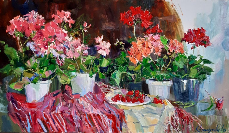 Alina Khrapchynska - Geranium -Still Life Oil Painting Purple Pink Red ...