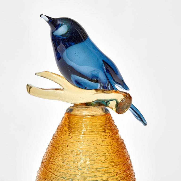 All About Birds XV, a blue and amber glass bird themed sculpture by ...