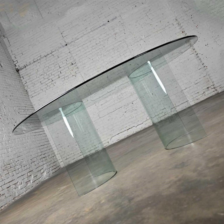 All Glass Modern Dining Table Semi-Circle Dual Pedestal Bases and ...
