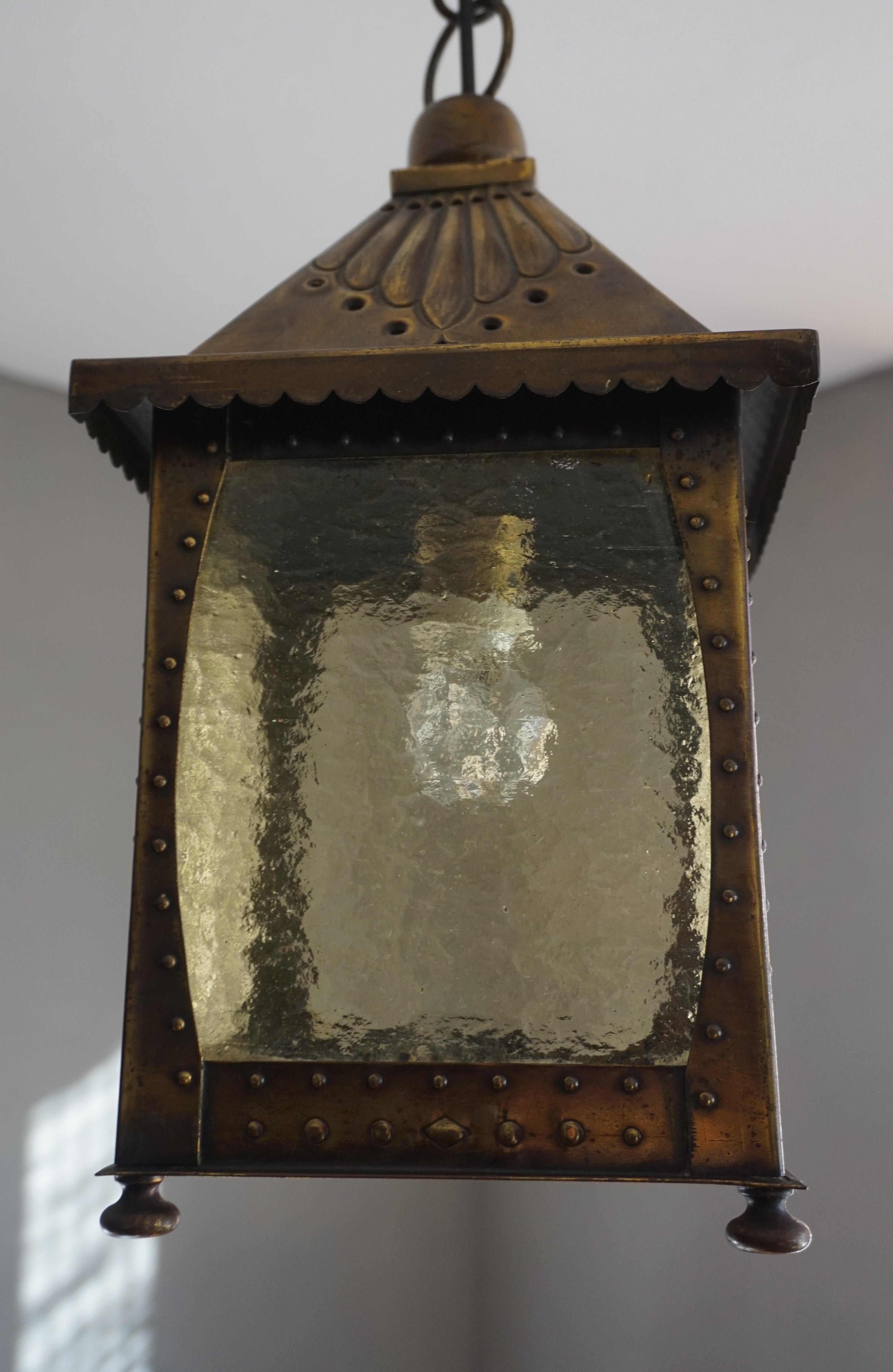 All Original Arts and Crafts Lantern Shape Pendant with Cathedral Glass ...