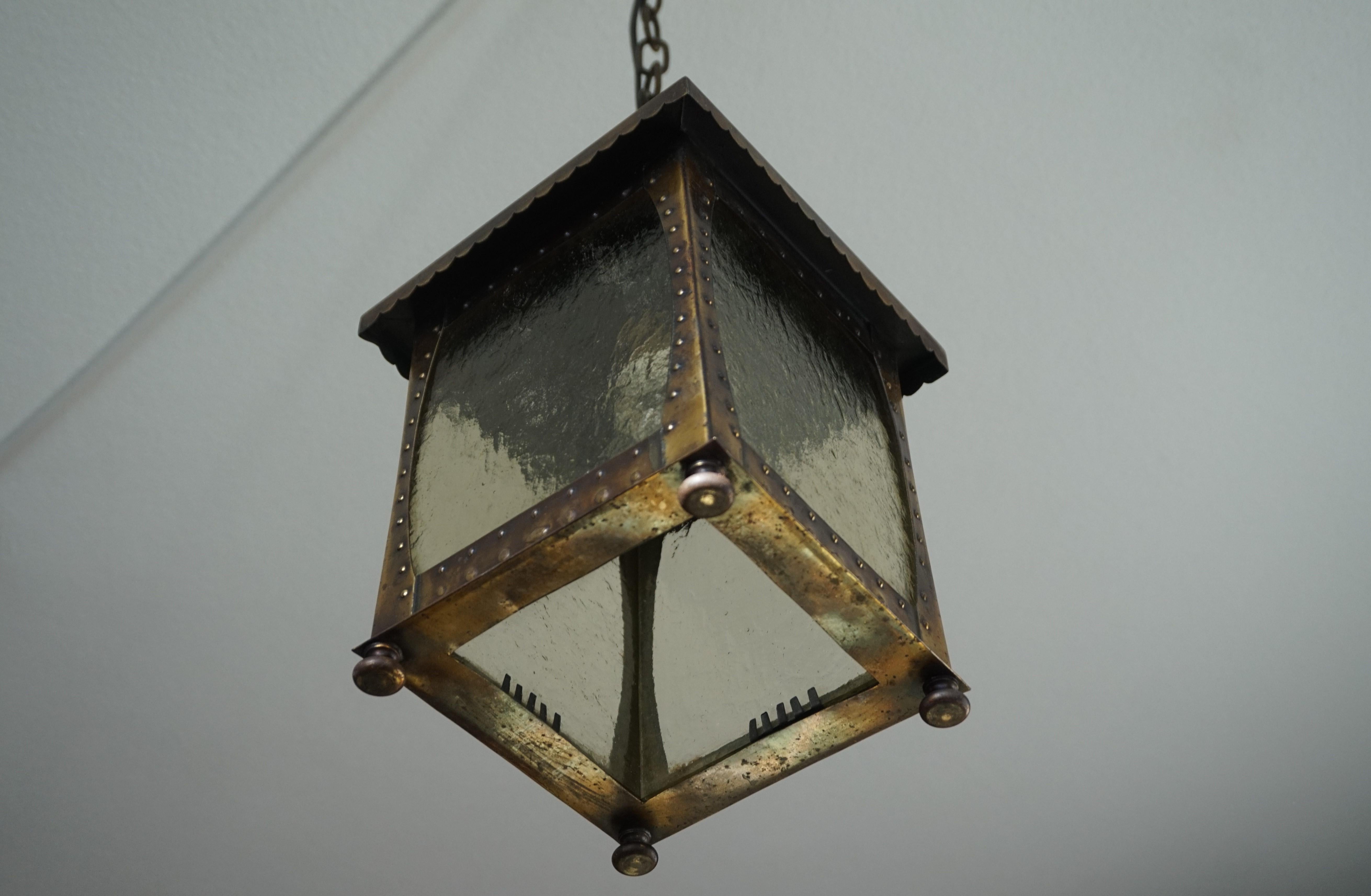 All Original Arts and Crafts Lantern Shape Pendant with Cathedral Glass ...