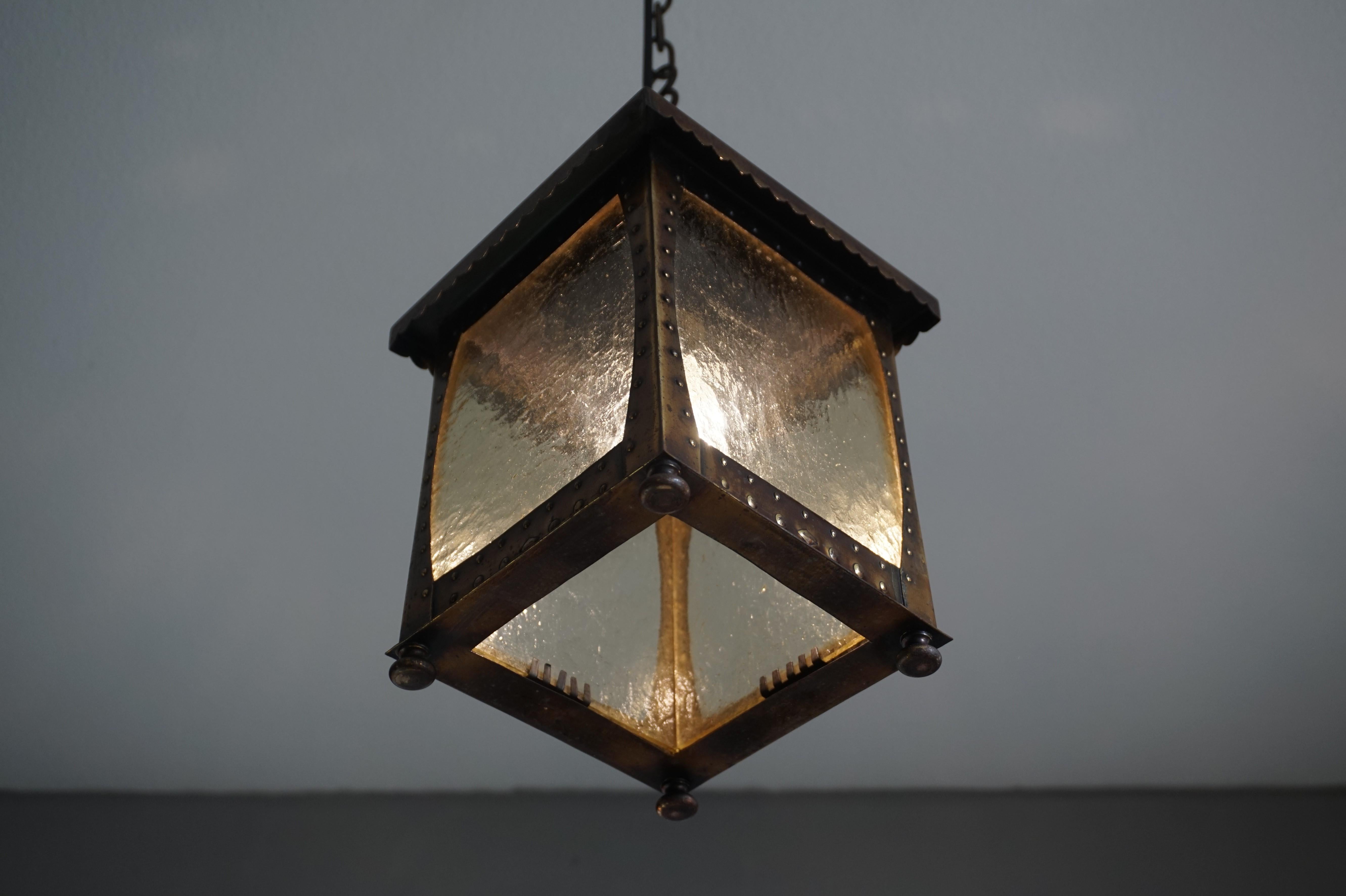 All Original Arts and Crafts Lantern Shape Pendant with Cathedral Glass ...