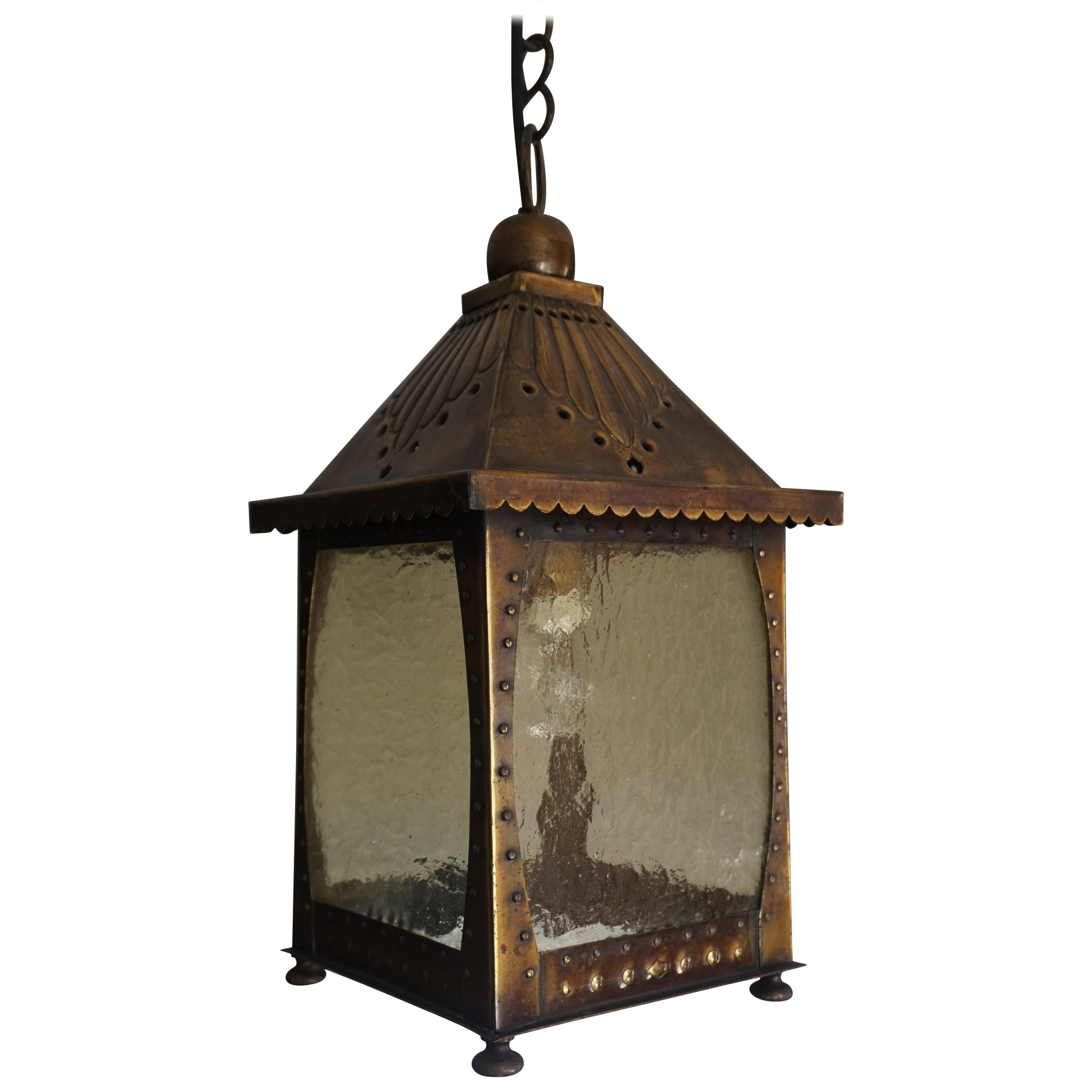 All Original Arts and Crafts Lantern Shape Pendant with Cathedral Glass ...