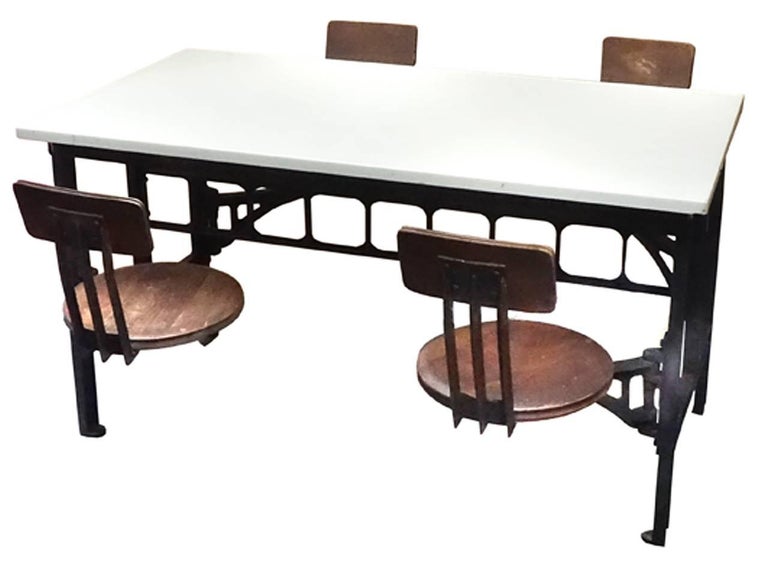 All Original Milk Glass and Iron Swivel Stool Industrial Factory Table ...