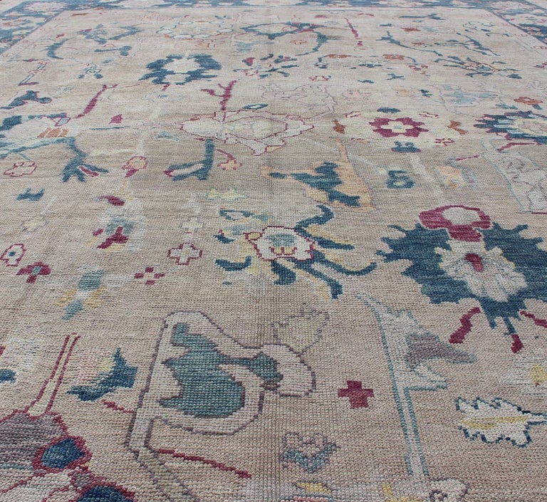 All-Over Design Royal Blue and Gray with Hints of Red Turkish Oushak ...