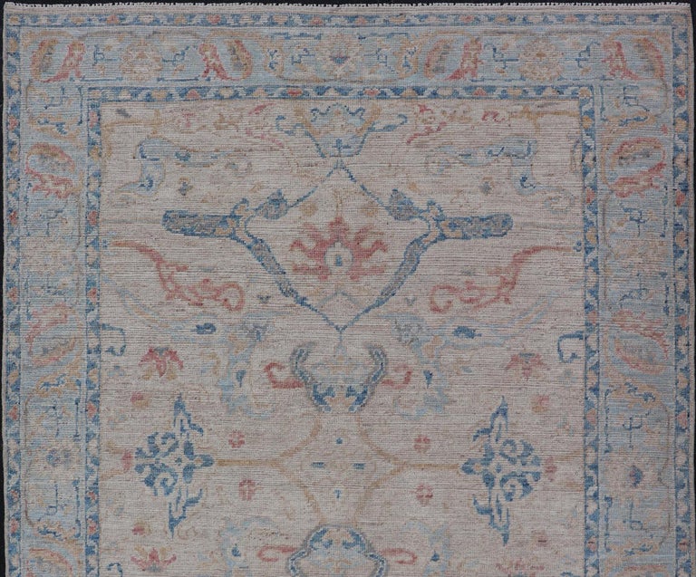 All-Over Hand Knotted Oushak Rug with Arabesque Design in Ivory and ...