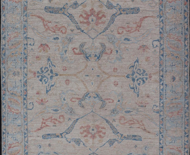 All-Over Hand Knotted Oushak Rug with Arabesque Design in Ivory and ...