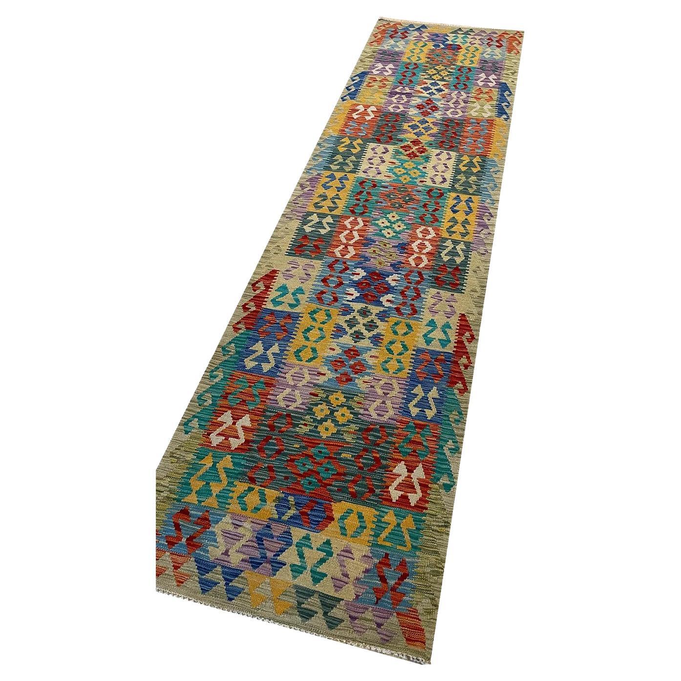 All Wool Colorful Kilim Runner 2' 6" x 9' 7" For Sale at 1stDibs