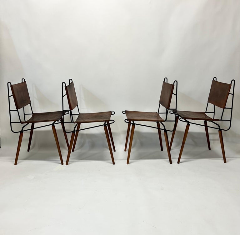 Allan Gould Iron and Leather Dowel Leg Chairs, circa 1950s For Sale at ...