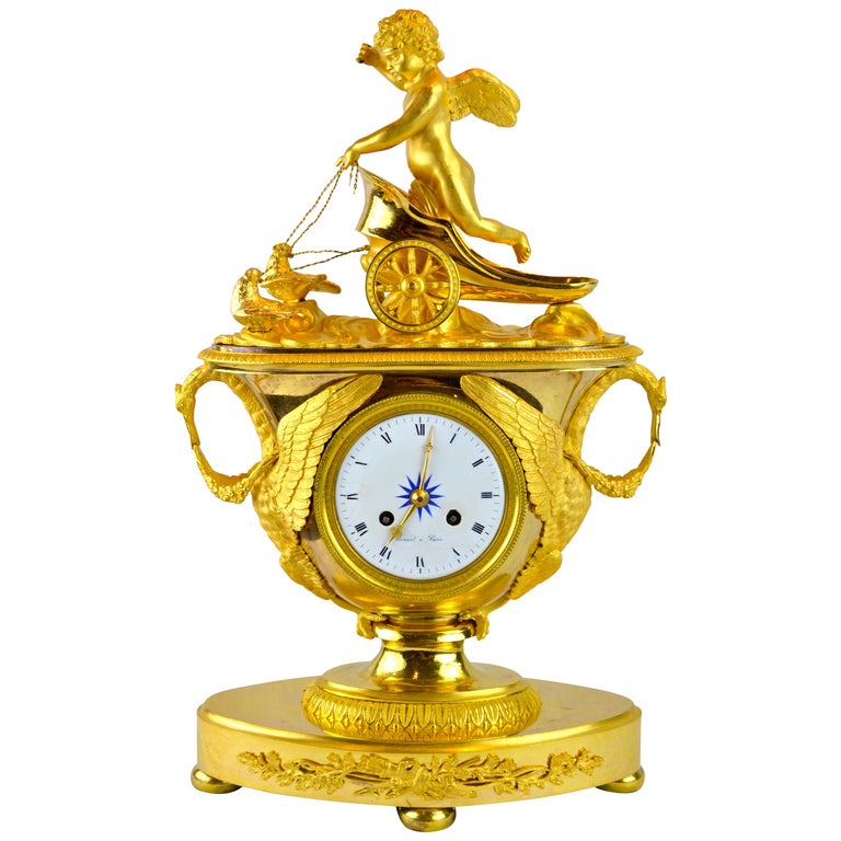 Allegorical French Empire Urn Clock Featuring Cupid on a Chariot Drawn ...