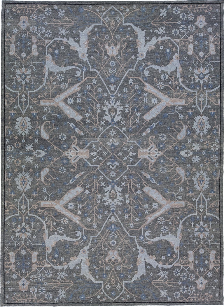 Allover Modern Soumak Handmade Wool Rug in Grey For Sale at 1stDibs