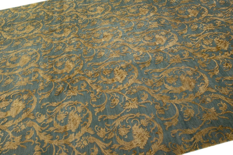Allover Modern Tibetan Handmade Wool and Silk Rug with Blue Field For ...
