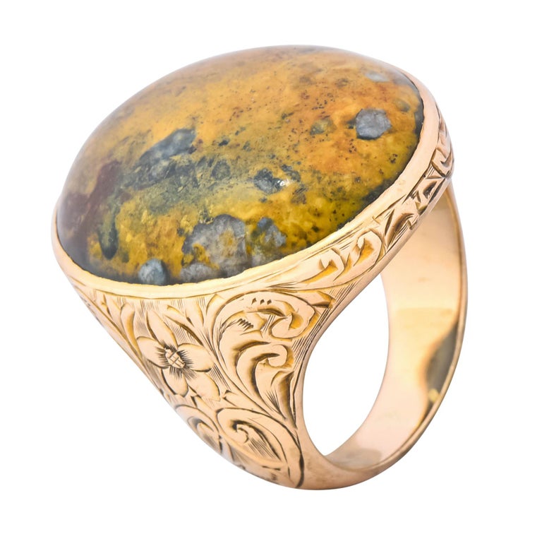 Allsopp Bros. Art Nouveau Jasper Cabochon 14 Karat Gold Ring at 1stDibs