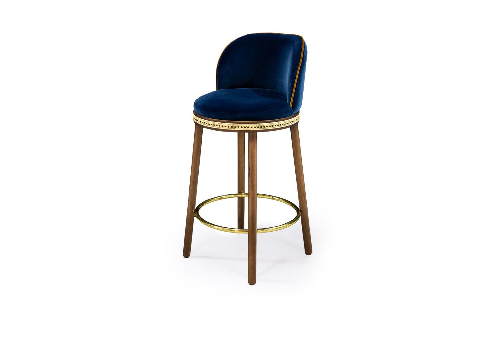 Mid-Century Modern Bar Chair with Soft Dark Cotton Velvet, Walnut and ...
