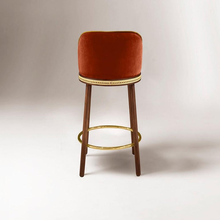 Alma Bar Stool, Natural Walnut/Satin Brass/Fire For Sale at 1stDibs