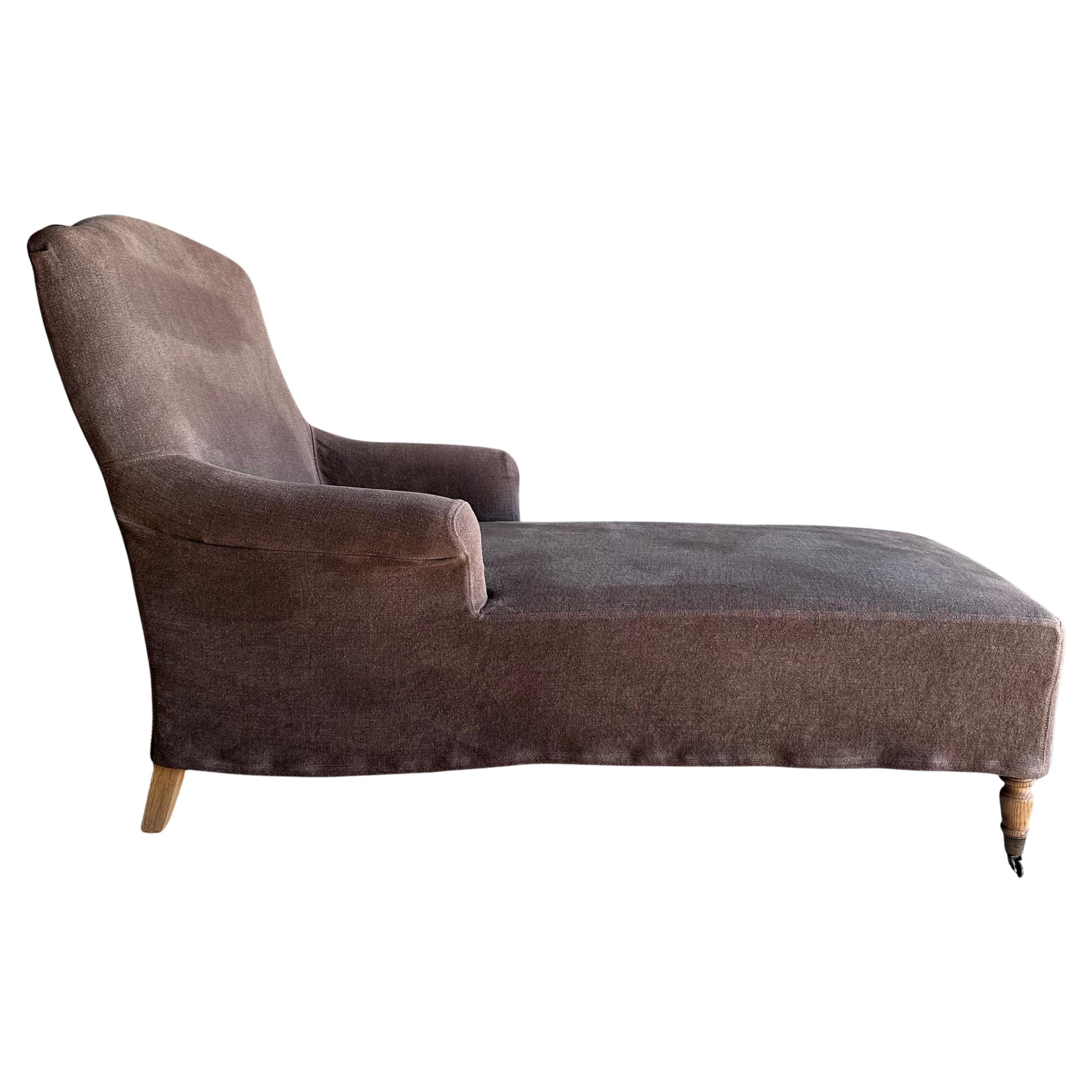Alma Chaise Lounge Slip Covered in Brown Stone Washed Linen For Sale at ...