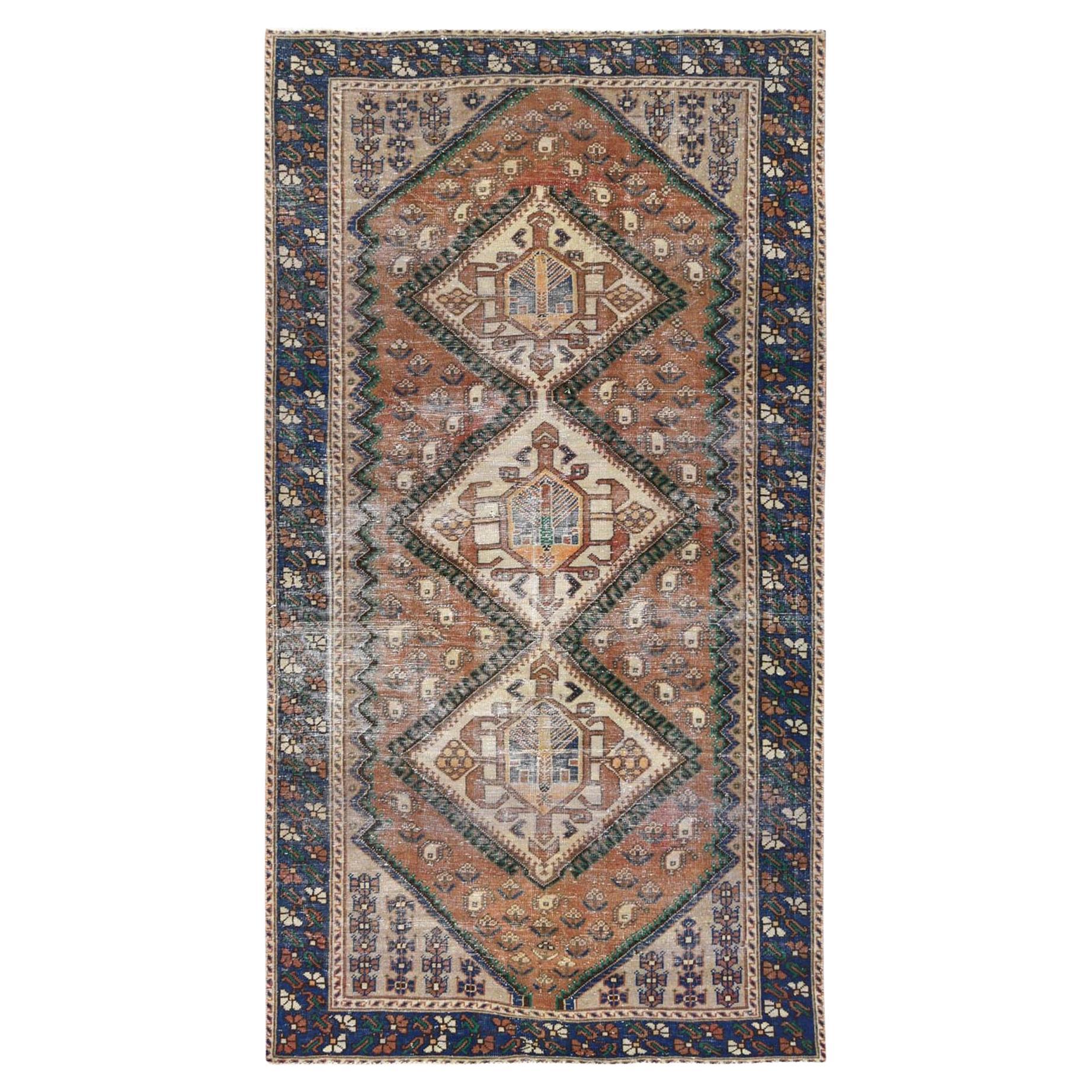 Hand Knotted, Almond Brown, Vintage Persian Kerman Distressed Look Worn ...