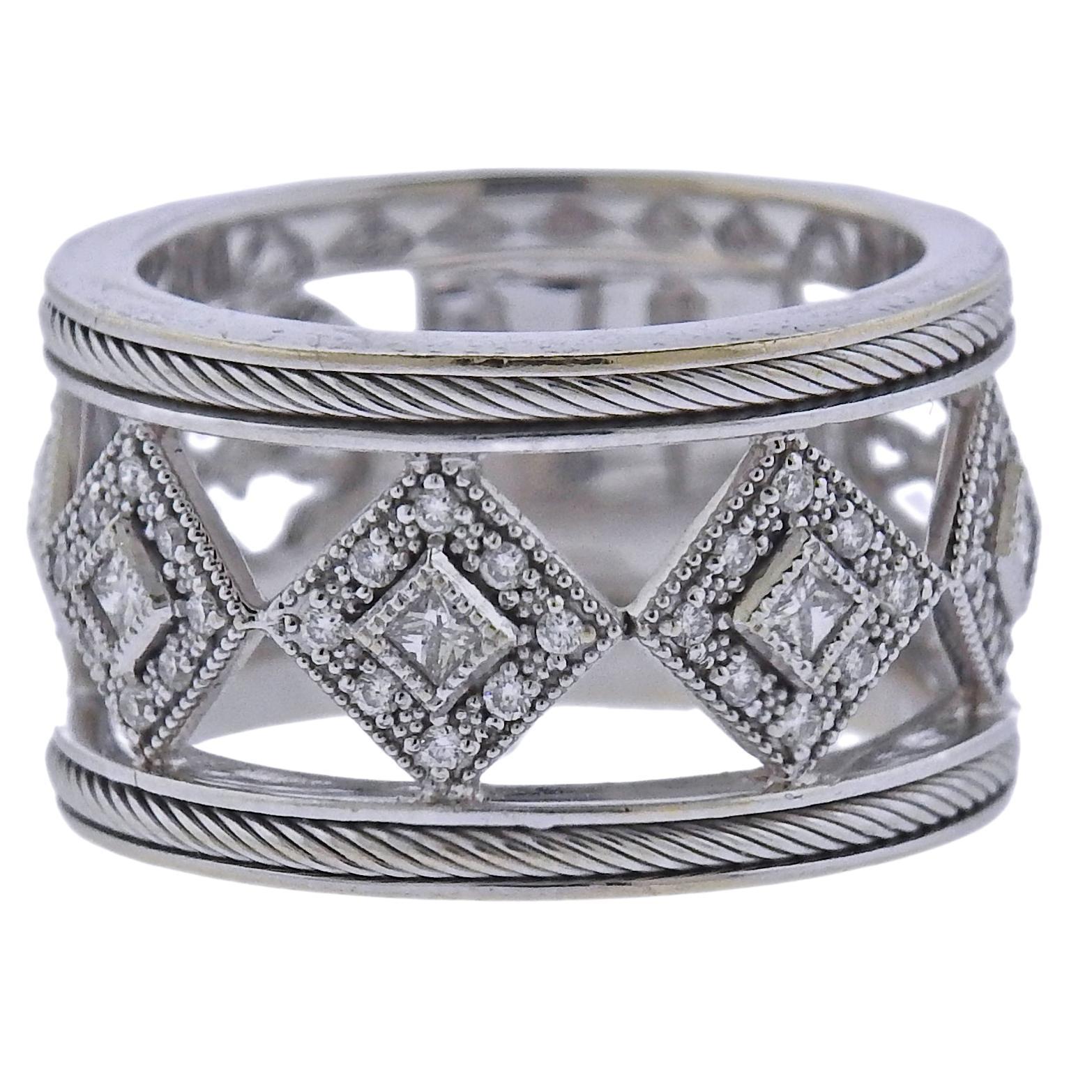 Sapphire Diamond Gold Wide Band Ring at 1stDibs