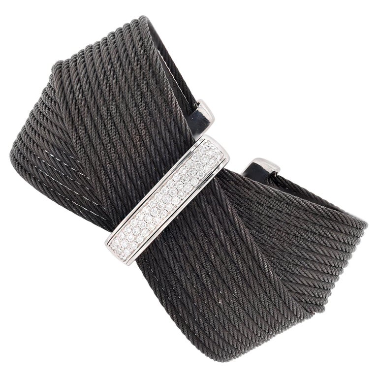 ALOR Stainless Steel and 18 Karat White Gold Diamond Cross Over Buckle ...