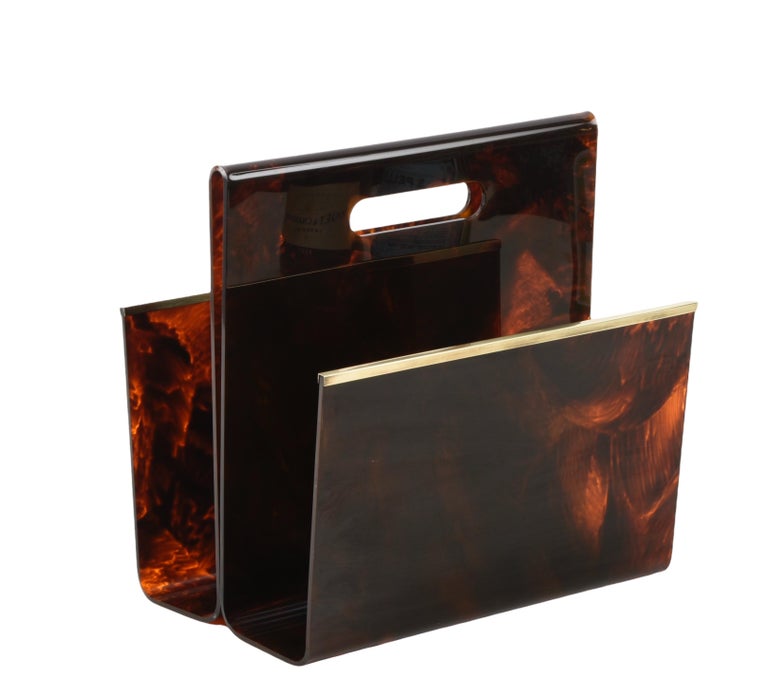 Alpac Midcentury Faux Tortoiseshell Plexiglass and Brass Magazine Rack ...