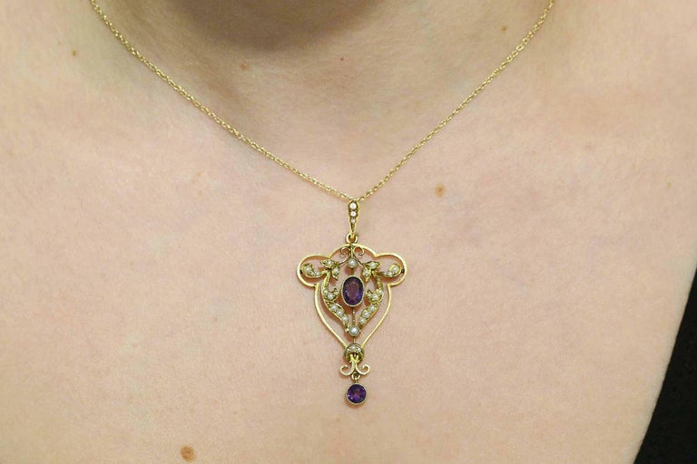 Alphonse Mucha Era Art Nouveau Amethyst and Seed Pearl Necklace at 1stDibs