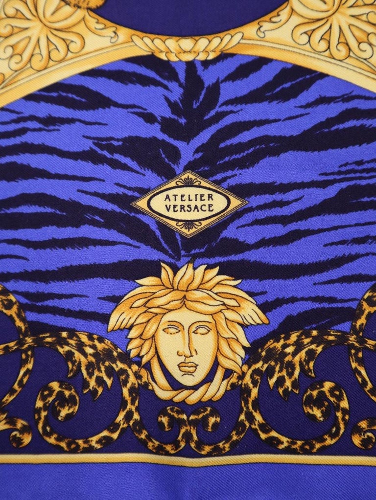 ALTELIER VERSACE LEOPARD SILK Medusa Printed Blue Gold Women's SCARF ...