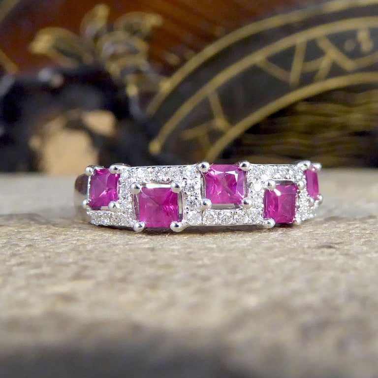 Alternate Ruby and Diamond Band Ring in 18ct White Gold at 1stDibs