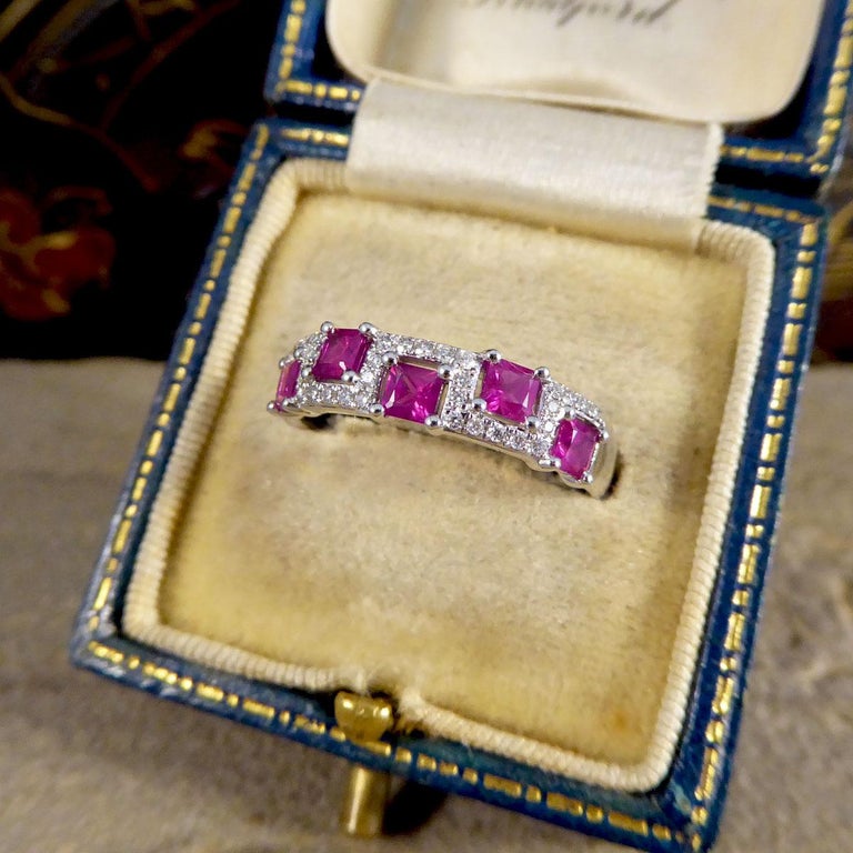 Alternate Ruby and Diamond Band Ring in 18ct White Gold at 1stDibs