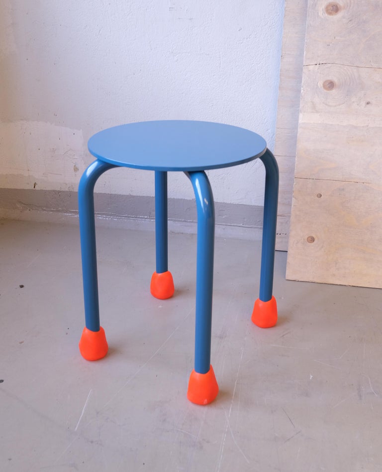 Aluminum Contemporary Blue Stool, Casted Rubber Feets in Neon Orange ...
