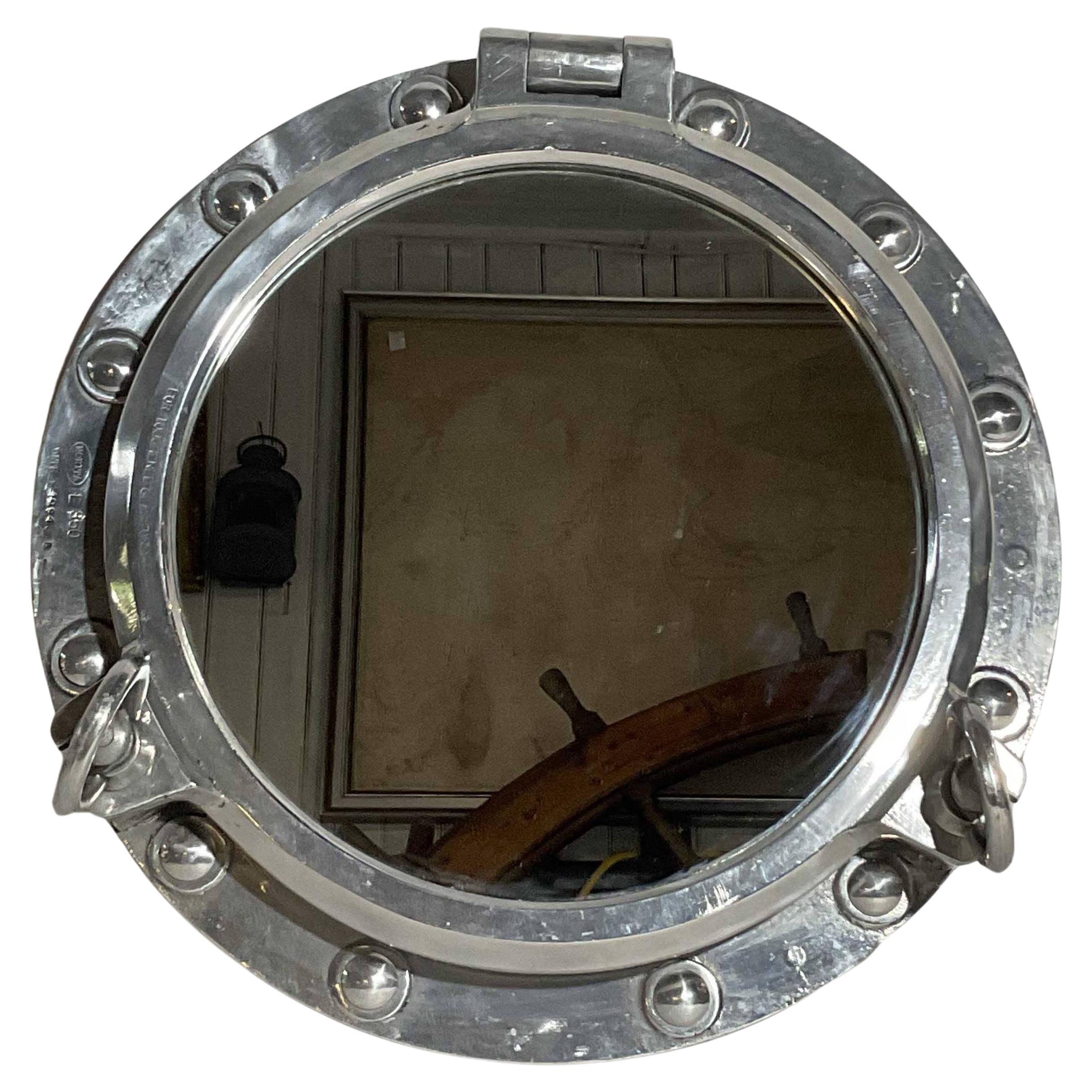 Aluminum Ships Porthole Mirror With Wood Frame For Sale at 1stDibs