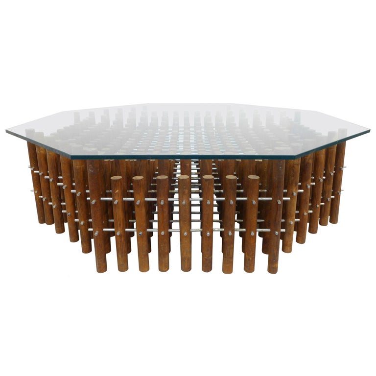 Aluminum and Wood-Dowel Hexagonal Glass-Top Coffee Table For Sale at ...